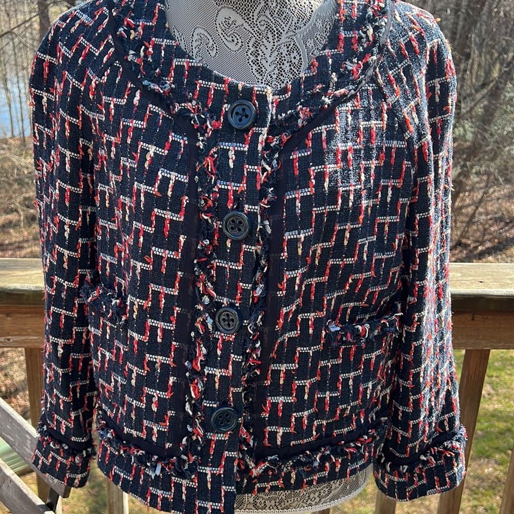 Kate Spade Tweed Red White Navy Blue Boxy Jacket Text… - Gem